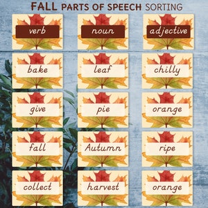 Fall Parts of Speech Sorting Printable Cards. Noun, Verb, Adjective ...