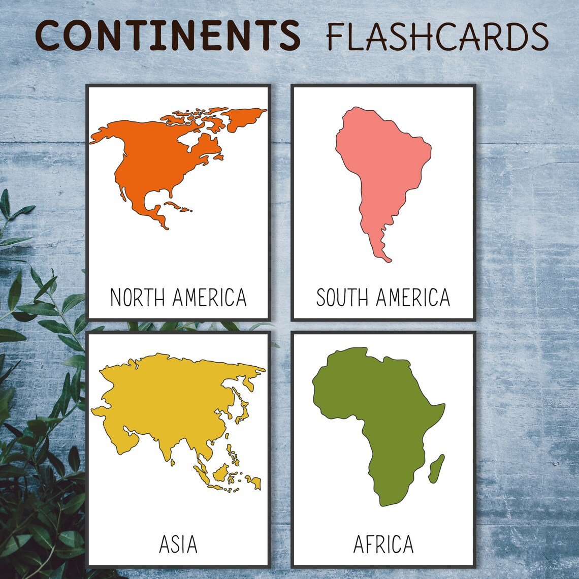 Continents Flash Cards and World Map. Montessori Printable for - Etsy ...