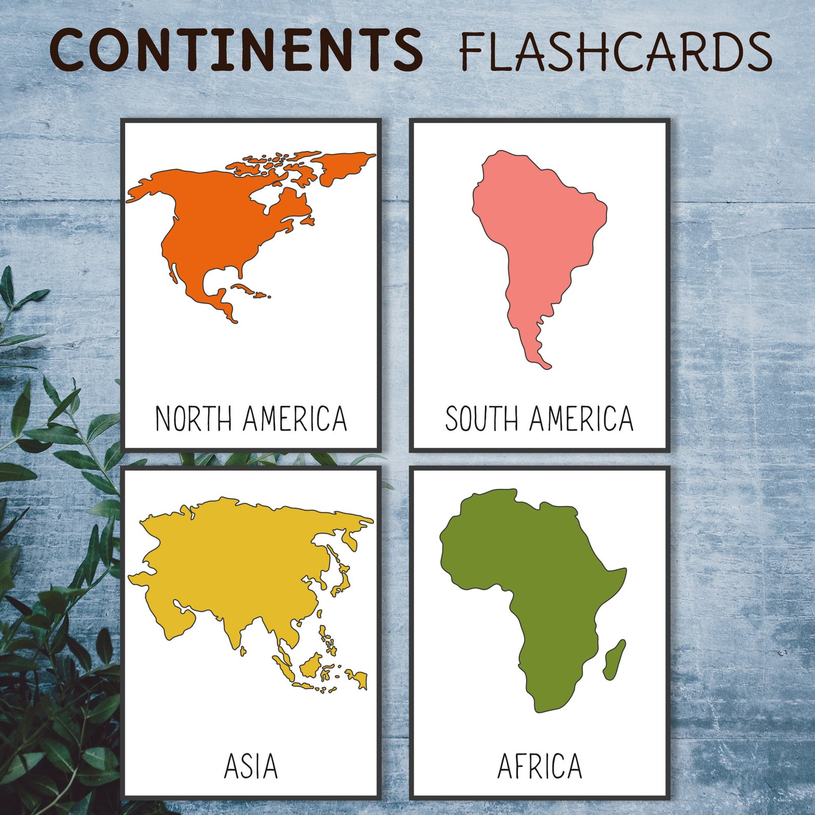 Continents Flash Cards and World Map. Montessori Printable for - Etsy