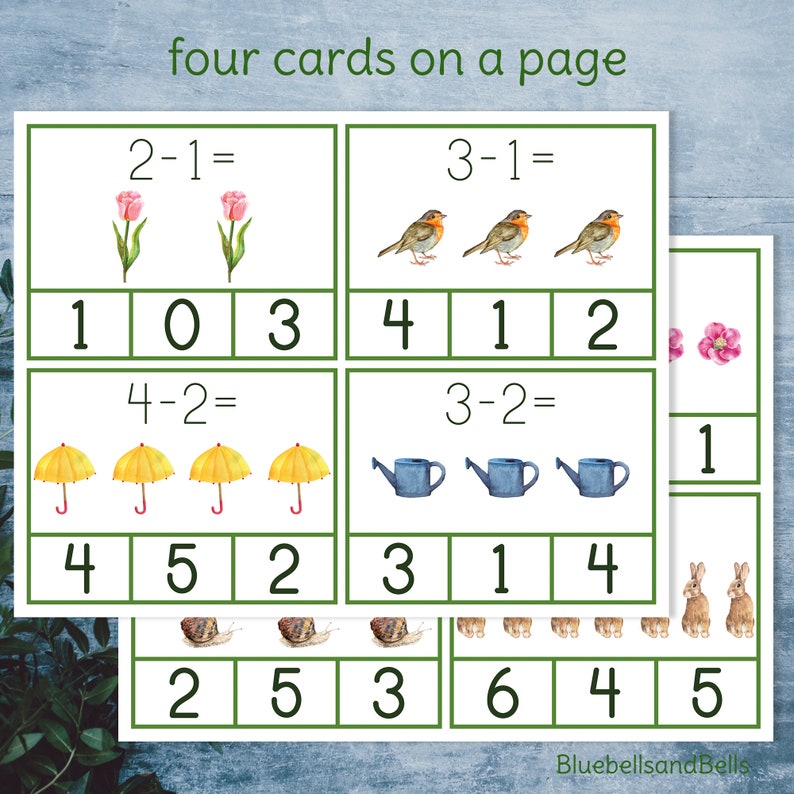 Spring Montessori Printable Subtraction Clip Cards 1-10. | Etsy