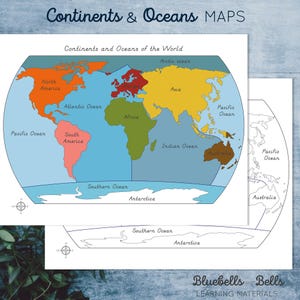 Continents and Oceans Cards and Map. Montessori Printable Geography ...