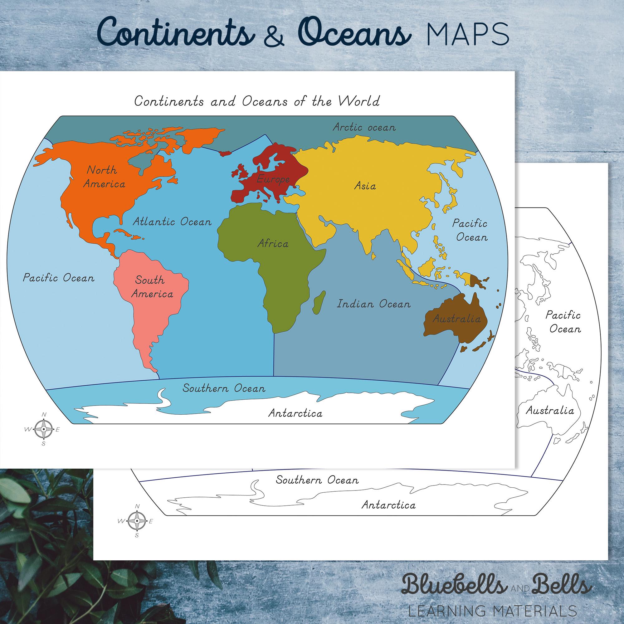 Continents and Oceans Cards and Map. Montessori Printable Geography ...