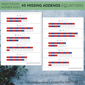 Montessori Number Rods Addition Printable. Missing Addend Equation ...
