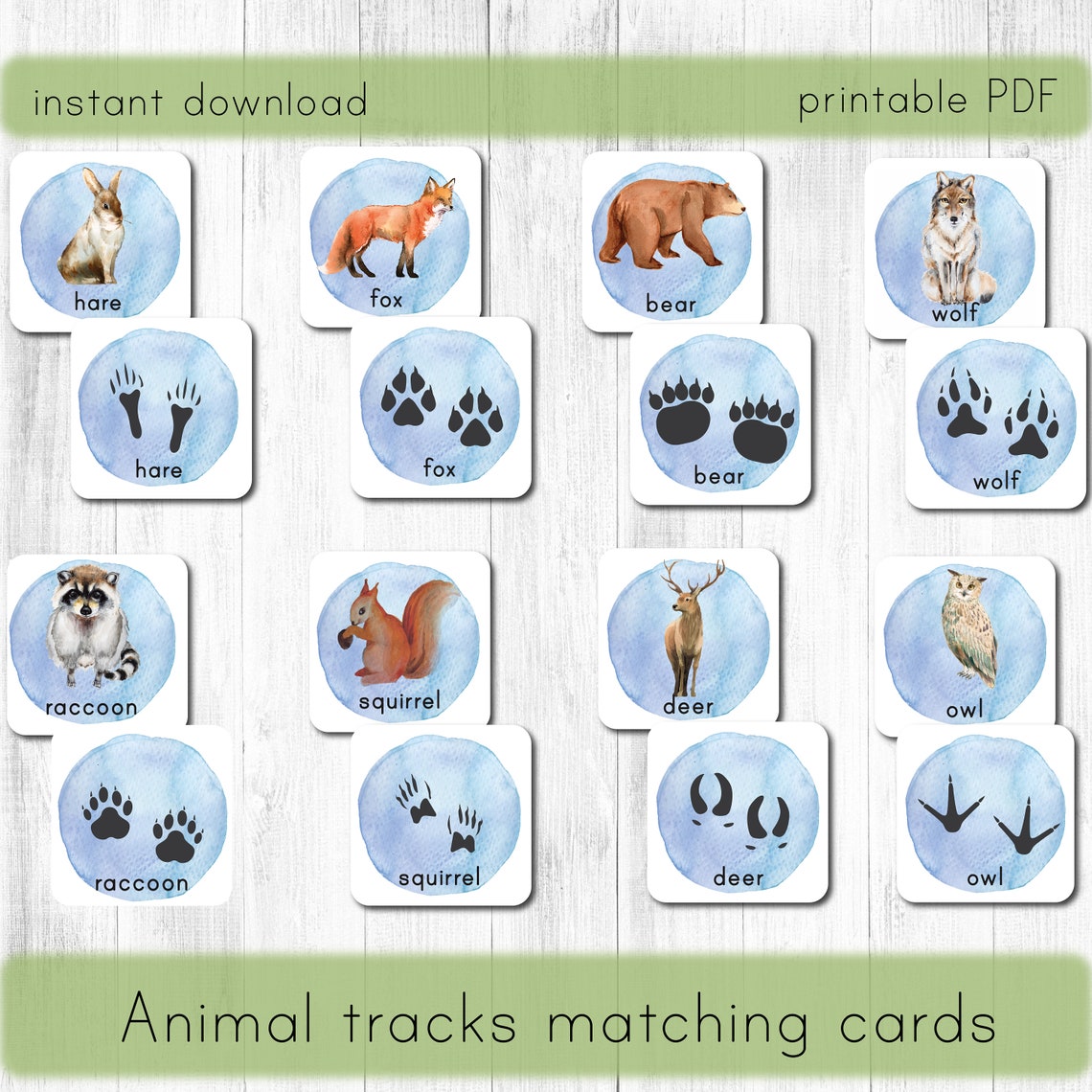 Winter woodland animal tracks flashcards. Montessori winter | Etsy