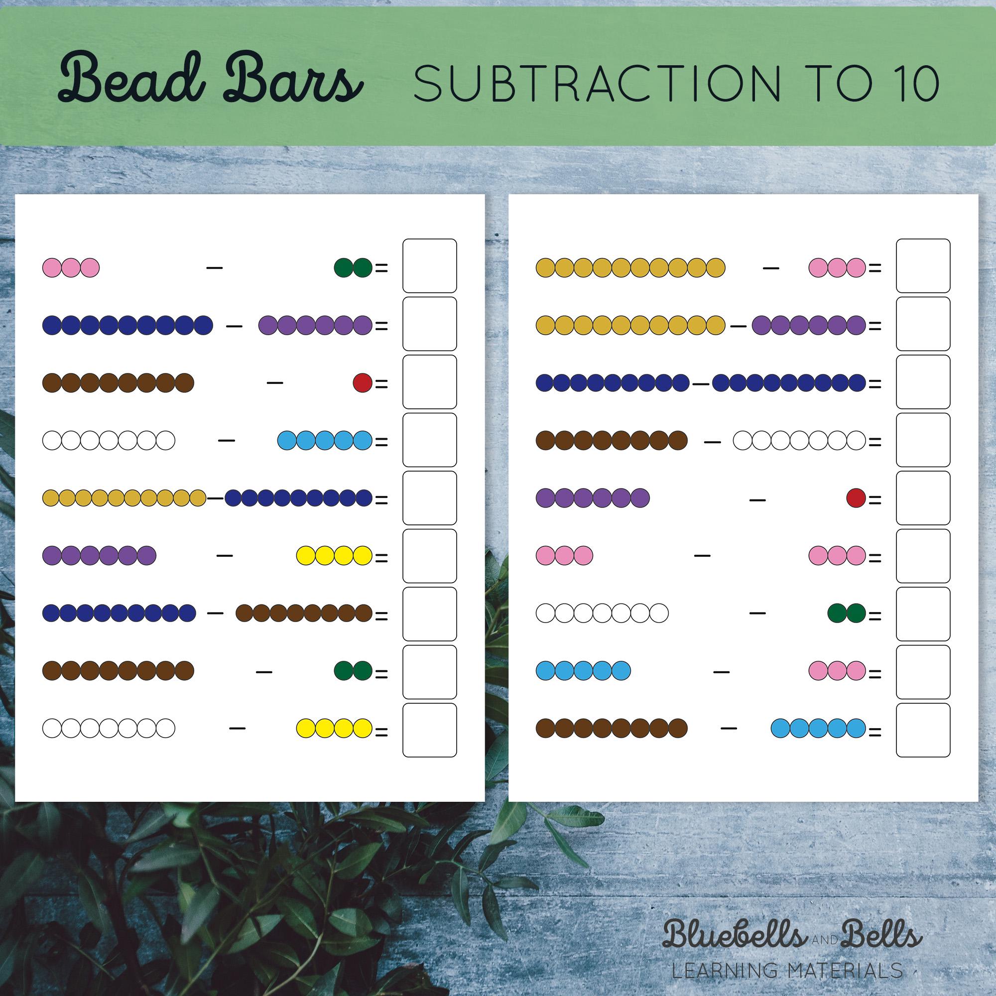 Montessori Bead Bar Subtraction to 10 Worksheets. - Etsy