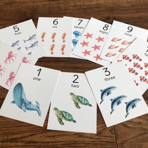 Number 1-10 Flashcards Ocean. Toddler Watercolor Printable Cards ...
