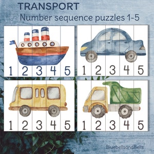 Toddler Puzzle Transport Number Sequnece 1-5. Printable Vehicle ...
