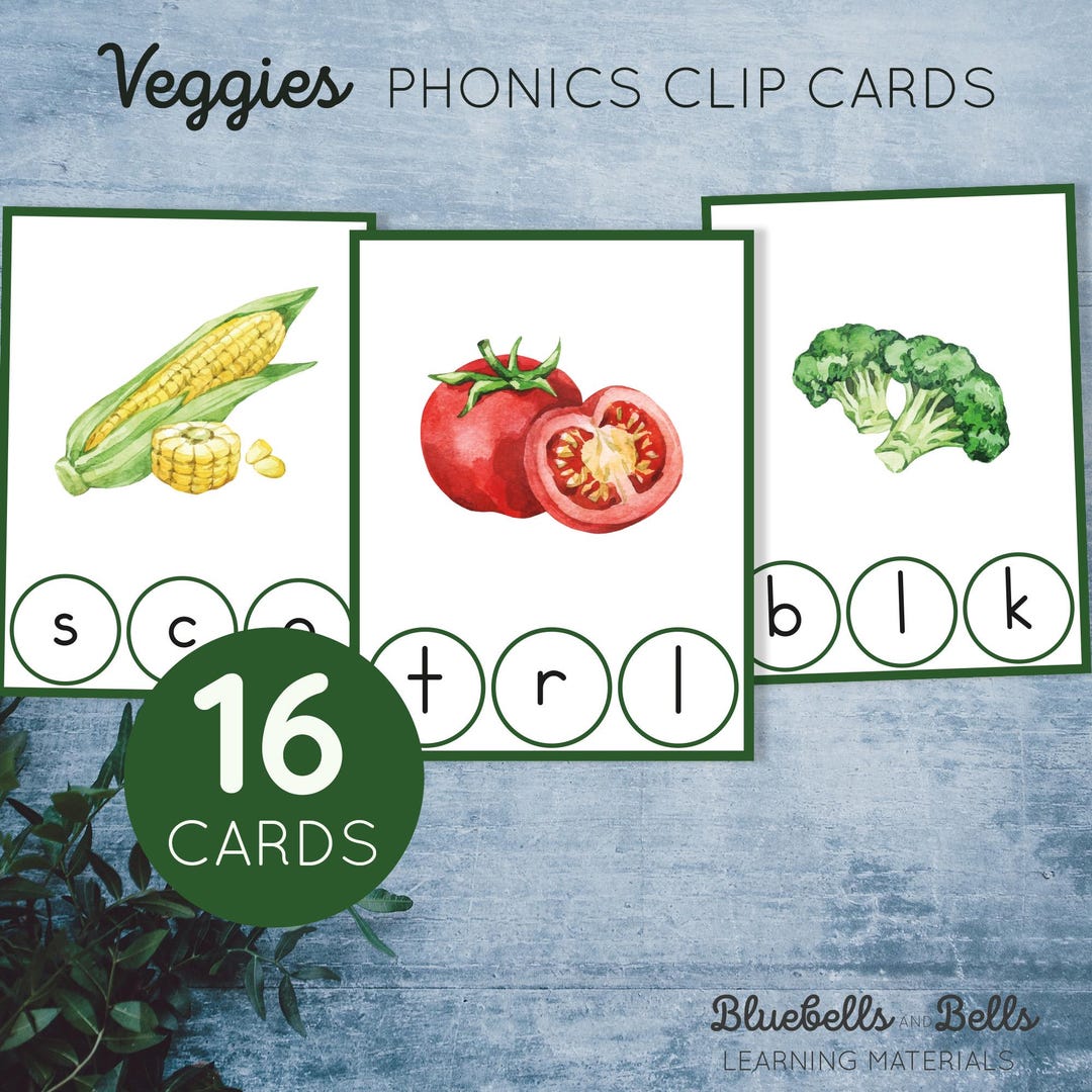 Phonics Clip Cards Vegetables. Montessori Printable Beginning Sound. - Etsy