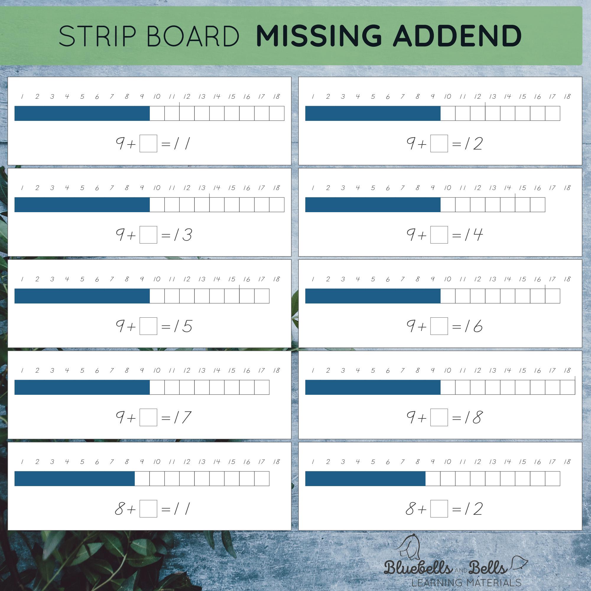 Montessori Addition Strip Board Worksheets Missing Addend to 18 ...