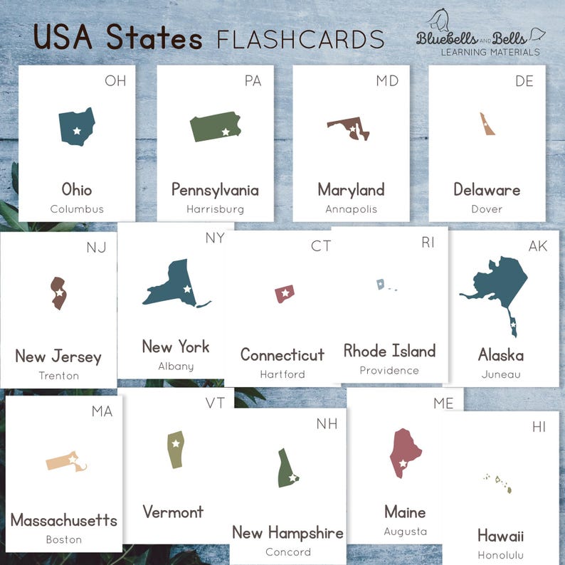 50 States and Capitals Flashcards Map. - Etsy