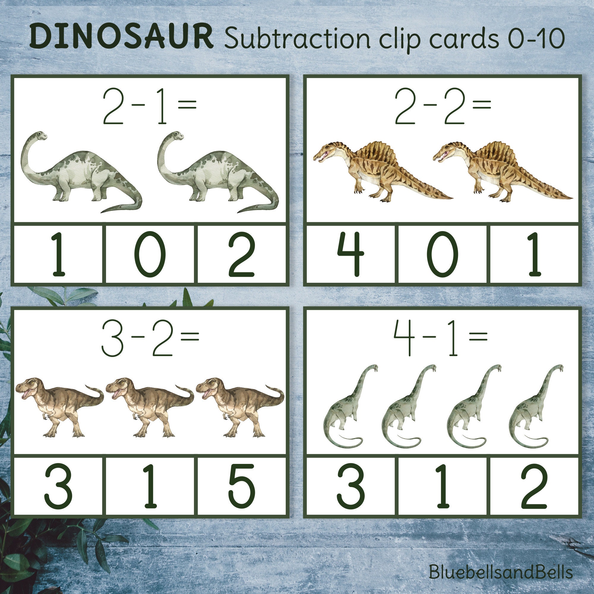 Dinosaur Count and Clip Cards Subtraction 0-10. Montessori Kindergarten ...