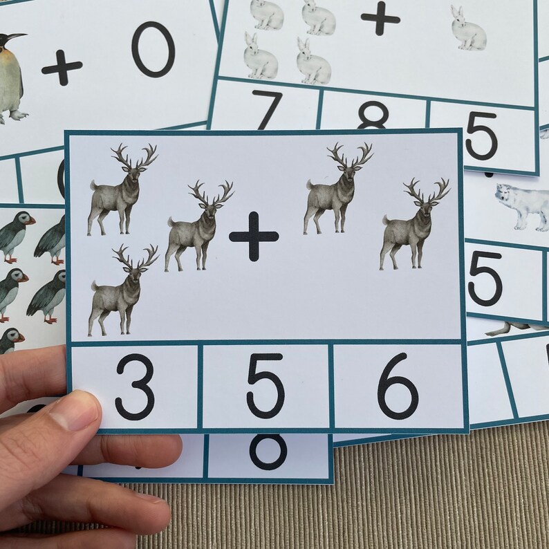 Winter Montessori Printable Count and Clip Cards Addition Polar Animals ...