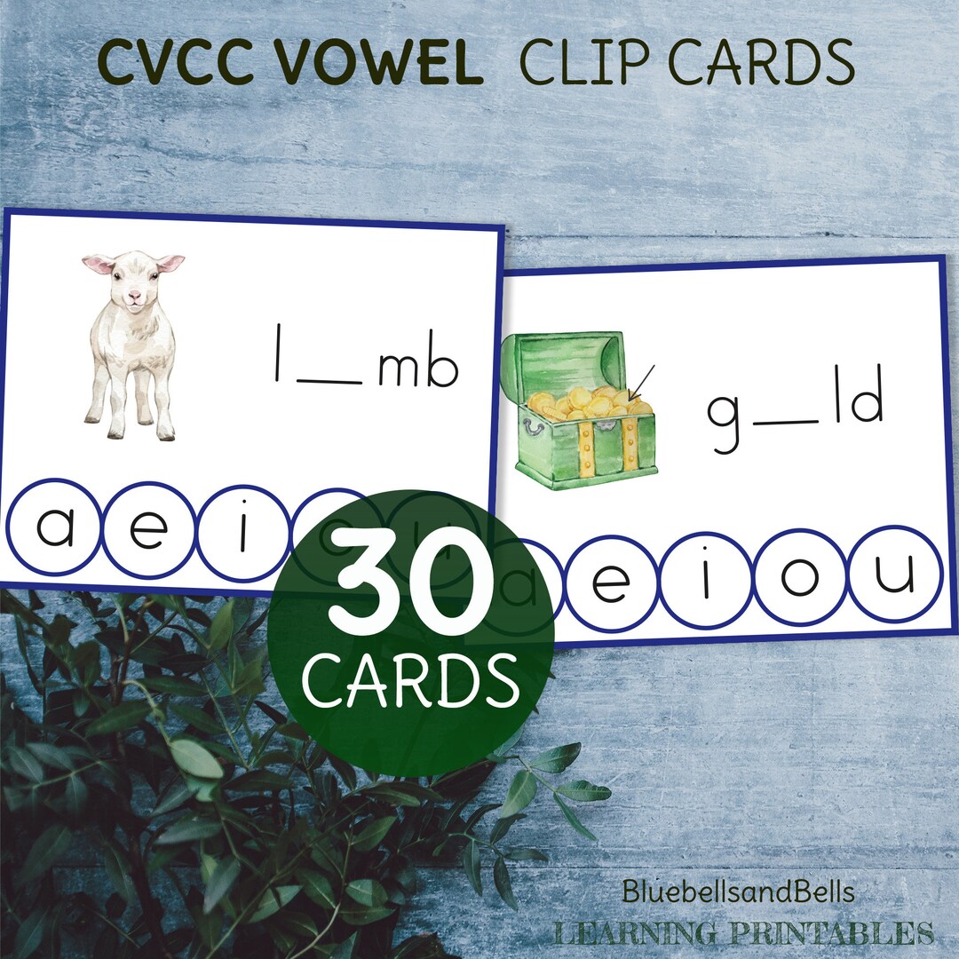 Montessori Phonics Printable CVCC Words Missing Vowel Clip Cards. Blue ...