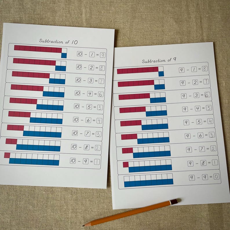 Montessori Subtraction to 10 Worksheets. Montessori Subtraction Strip ...