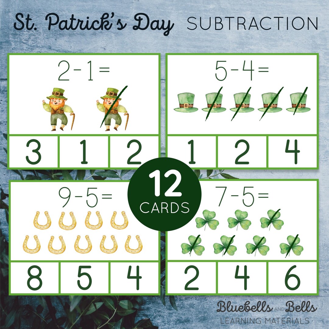 St. Patrick's Day Montessori Printable Clip Cards Subtraction 0-10 ...