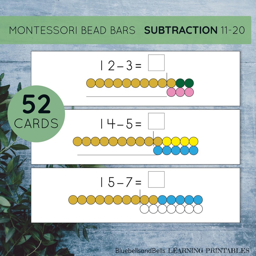 Montessori Bead Bars Subtraction 11-20 Task Cards. 1st Grade Math ...