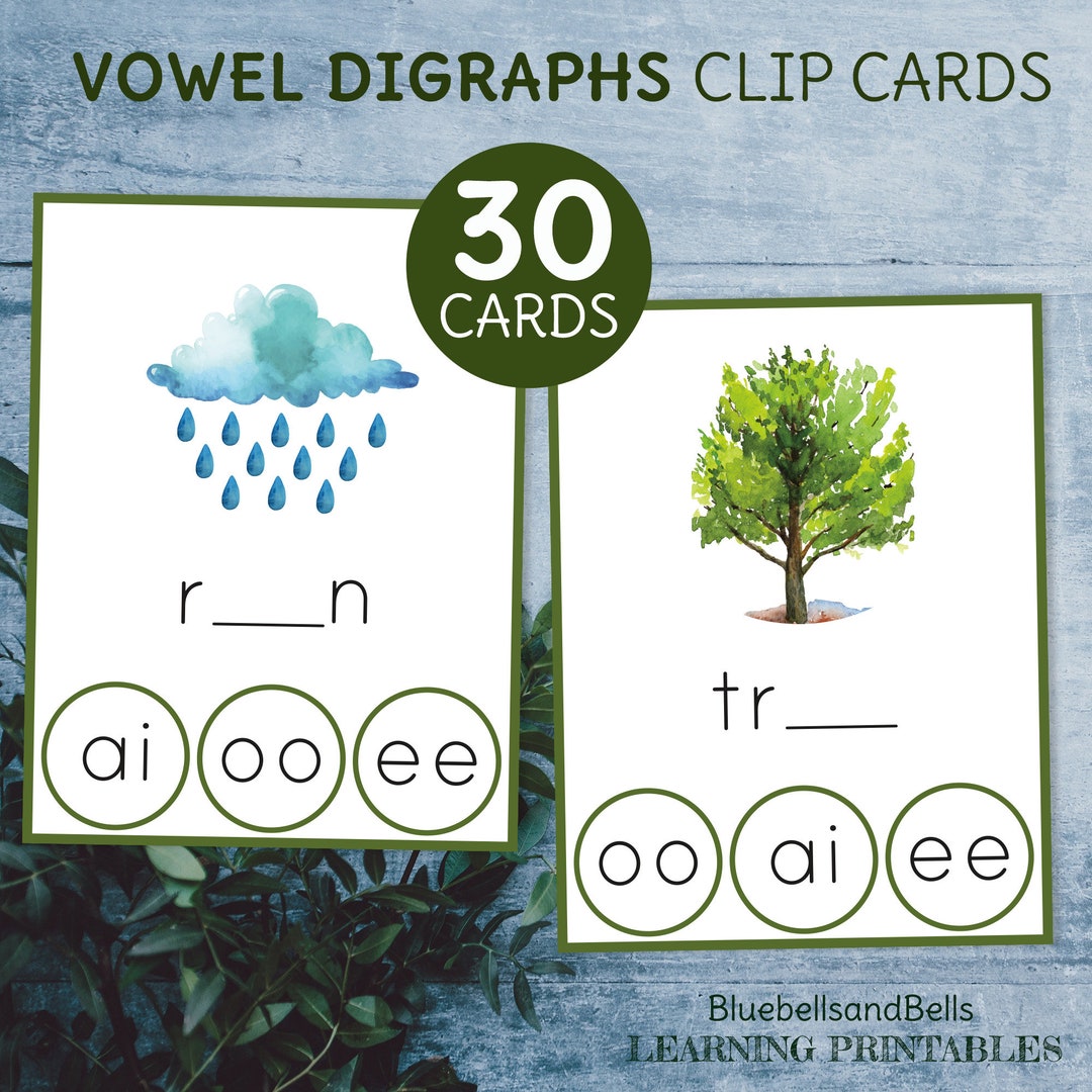 Digraphs Clip Cards Vowels. Montessori Green Series Phonics Printable ...