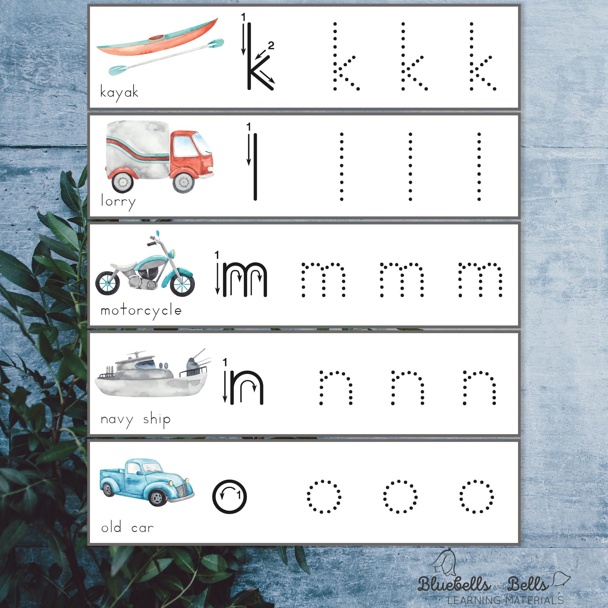 Transportation Alphabet Cards for Tracing. Lowercase Letter Handwriting ...
