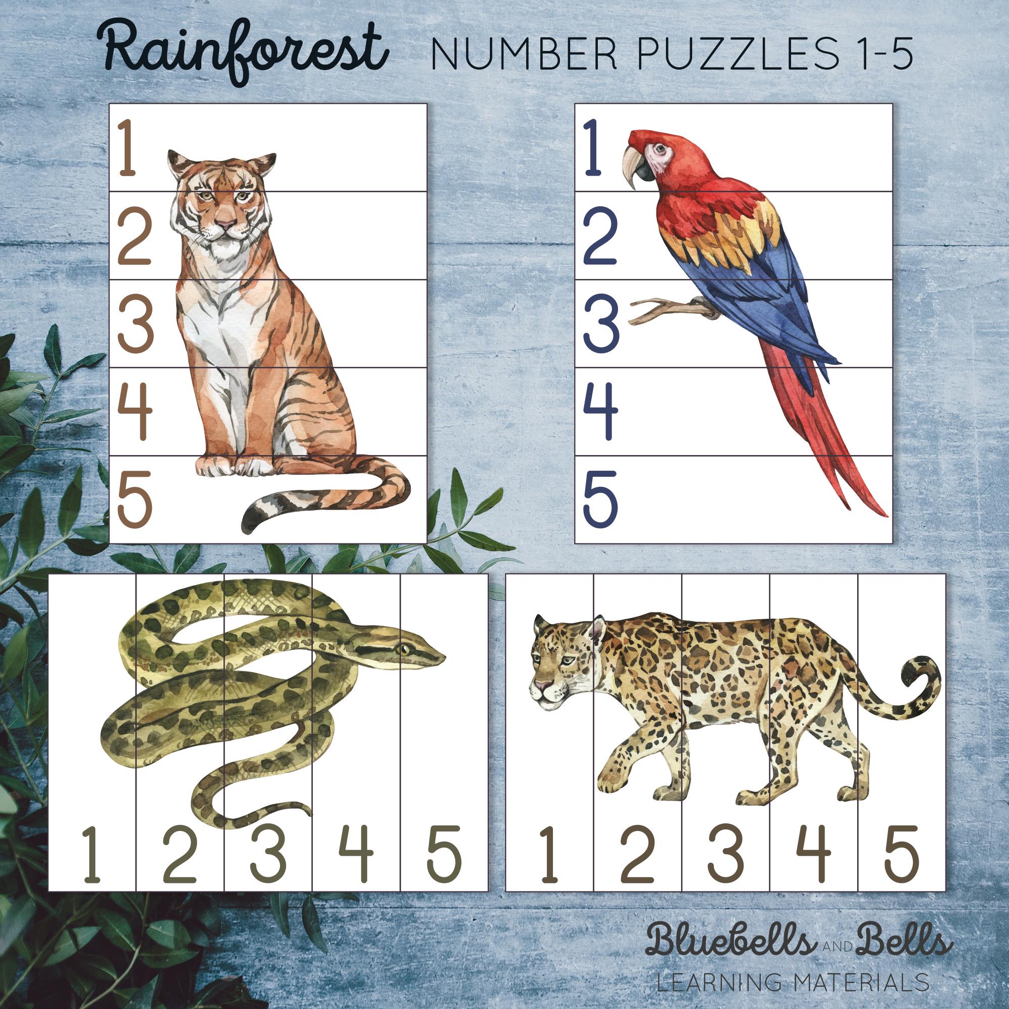 Rainforest Animals Puzzle Numbers 1-5. Toddler Printable Matching ...