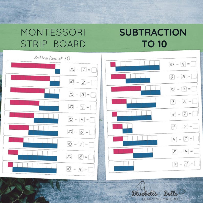 Montessori Subtraction to 10 Worksheets. Montessori Subtraction Strip ...