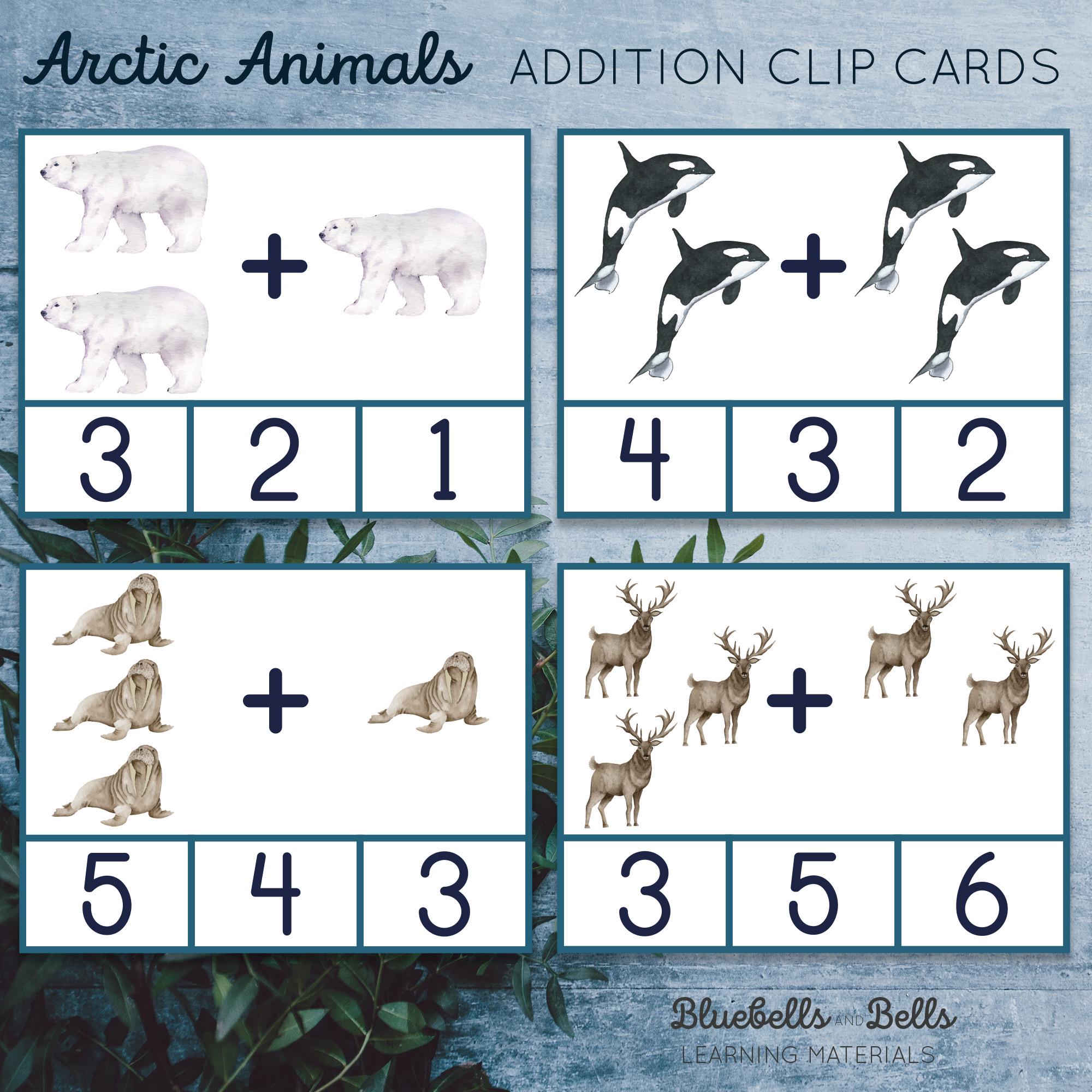 Winter Montessori Printable Count and Clip Cards Addition Polar Animals ...