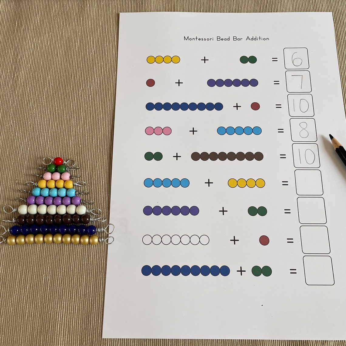 Montessori Bead Bars Addition to 10 Worksheets. Montessori Kindergarten Math Printable. - Etsy
