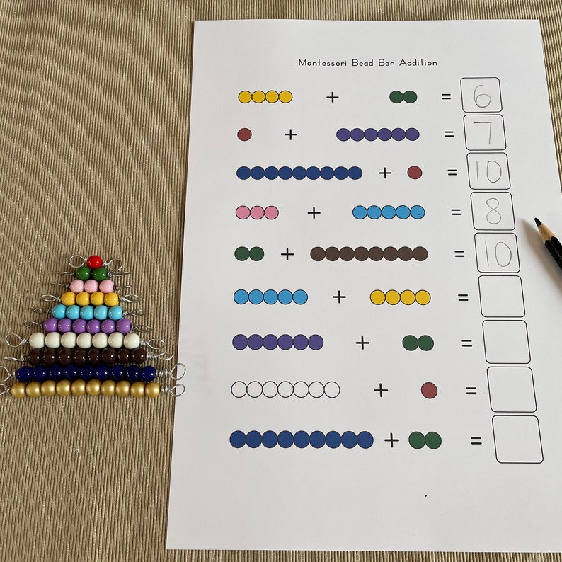 Montessori Bead Bars Addition to 10 Worksheets. Montessori Kindergarten ...
