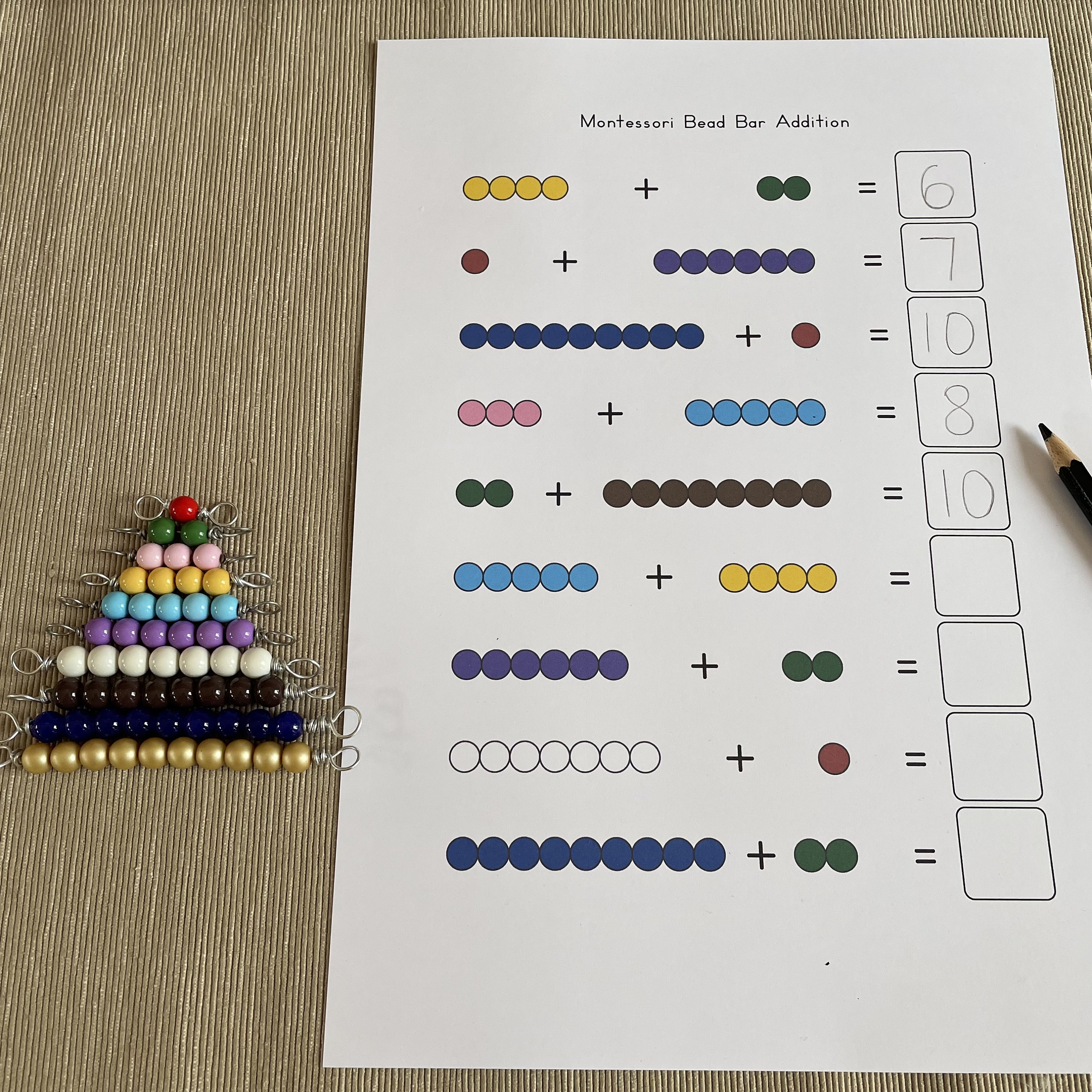 Montessori Bead Bars Addition to 10 Worksheets. Montessori Kindergarten ...