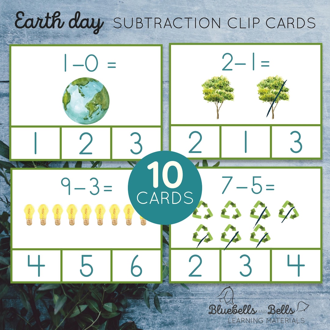 Earth Day Printable Count and Clip Cards Subtraction 1-10. Kindergarten ...