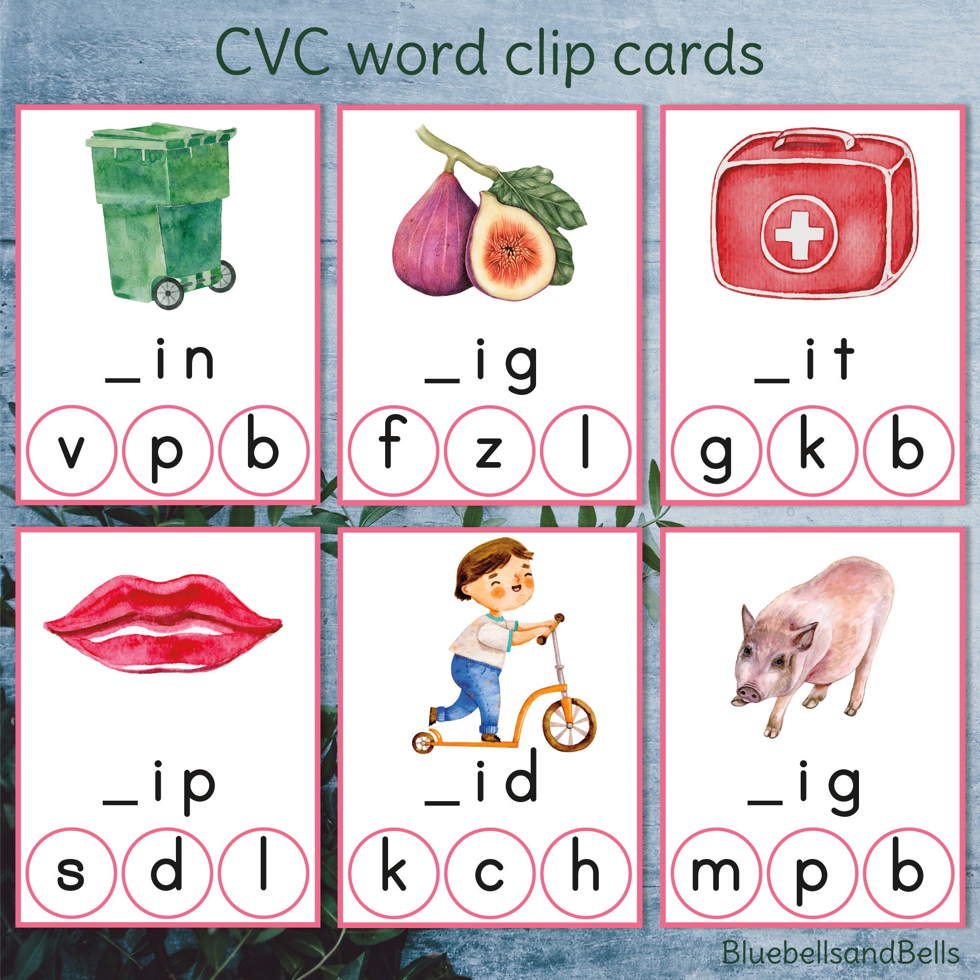 Phonics printable CVC word clip cards. Beginning sound | Etsy