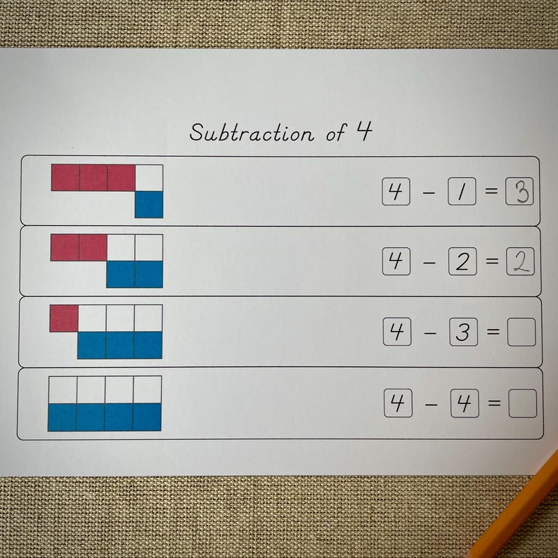 Montessori Subtraction to 10 Worksheets. Montessori Subtraction Strip ...
