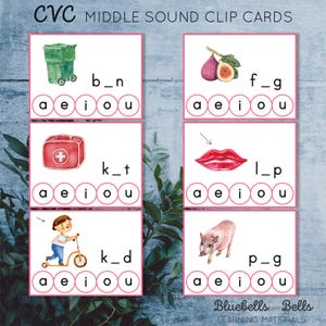 Montessori Phonics Printable CVC Word Clip Cards Middle Sound. Pre ...