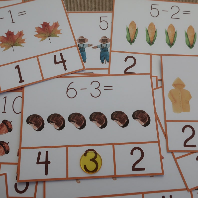 Fall Montessori Printable Subtraction Clip Cards 0-10. - Etsy