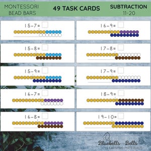 Montessori Bead Bars Subtraction 11-20 Task Cards. 1st Grade Math ...