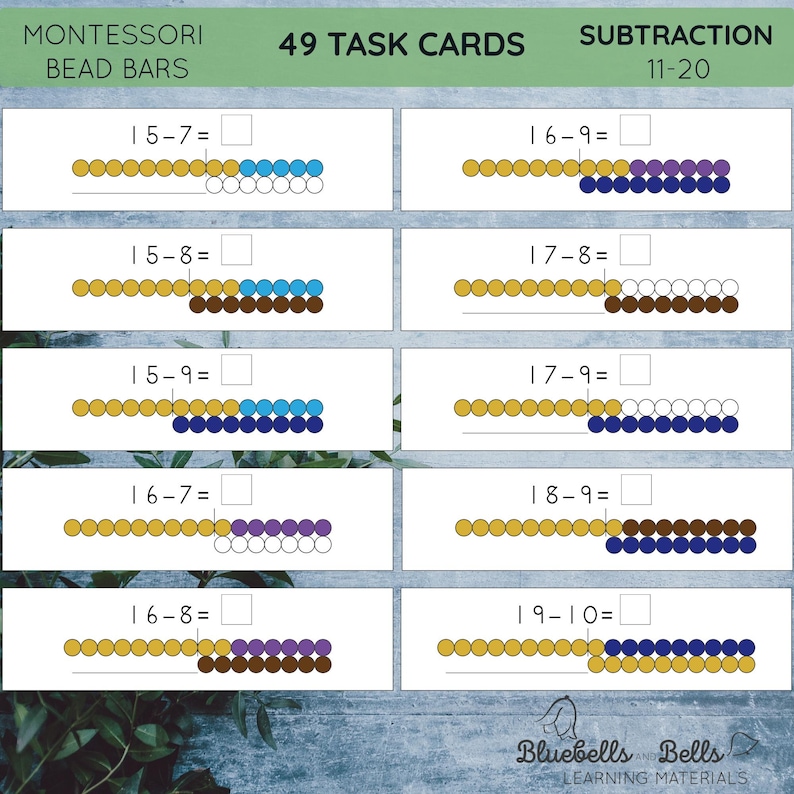 Montessori Bead Bars Subtraction 11-20 Task Cards. 1st Grade Math ...