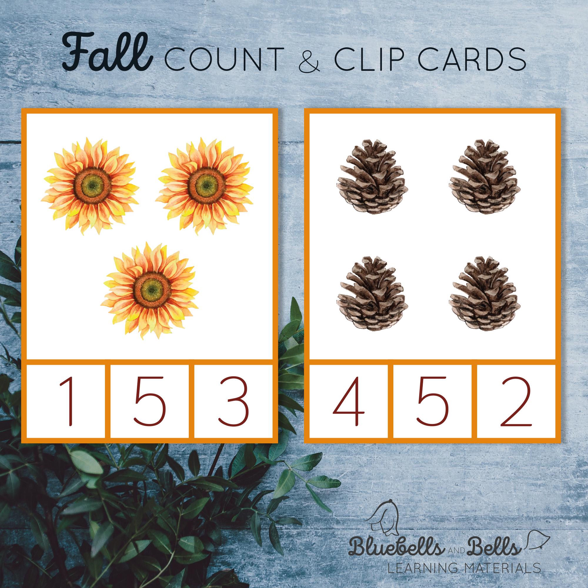 Autumn Preschool Printable Count and Clip Cards 1-10. Montessori Fall ...