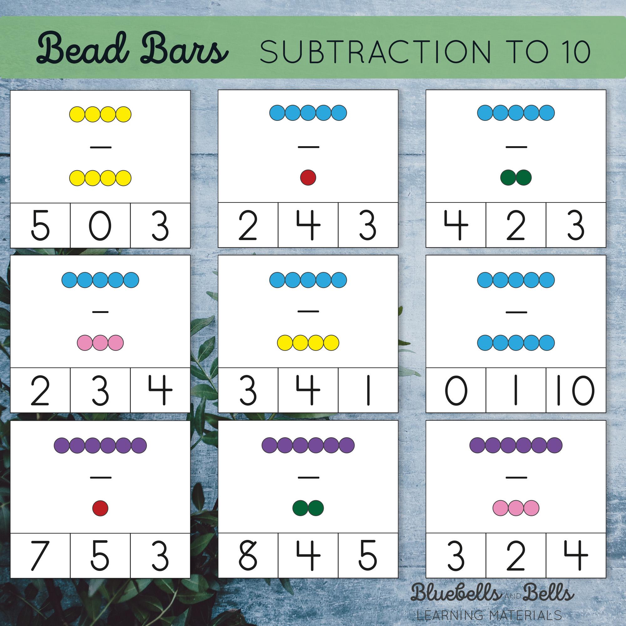 Montessori Bead Bar Subtraction Clip Cards. Kindergarten and 1st Grade ...