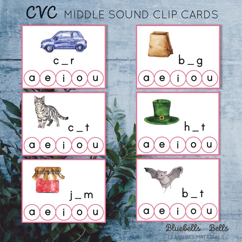 Montessori Phonics Printable CVC Word Clip Cards Middle Sound. Pre ...