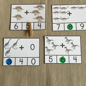 Dinosaur Count and Clip Cards Addition 1-10. Preschool and Kindergarten ...