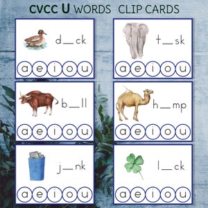 Montessori Phonics Printable CVCC Words Missing Vowel Clip Cards. Blue ...