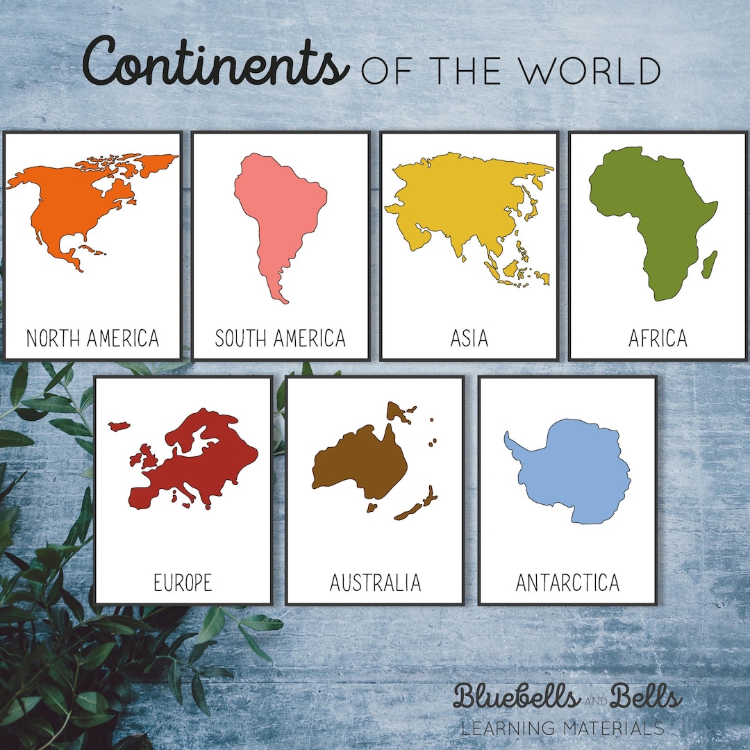 Continents Flash Cards and World Map. Montessori Printable for ...