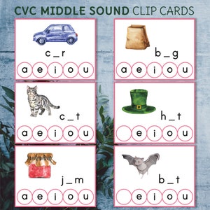 Montessori Phonics Printable CVC Word Clip Cards Middle Sound. Pre ...