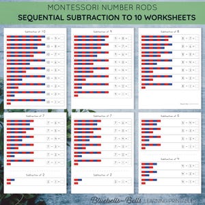 Montessori Subtraction Worksheets Number Rods. Kindergarten and 1st ...