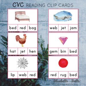 Montessori Printable Reading Clip Cards. Pink Series CVC Word Reading ...