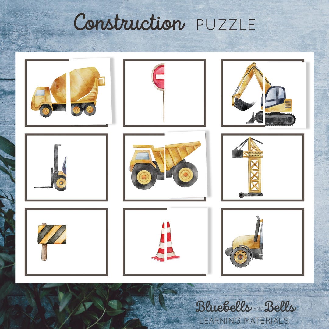 Construction Puzzle Printable. Vehicles Halves Matching Activity for ...
