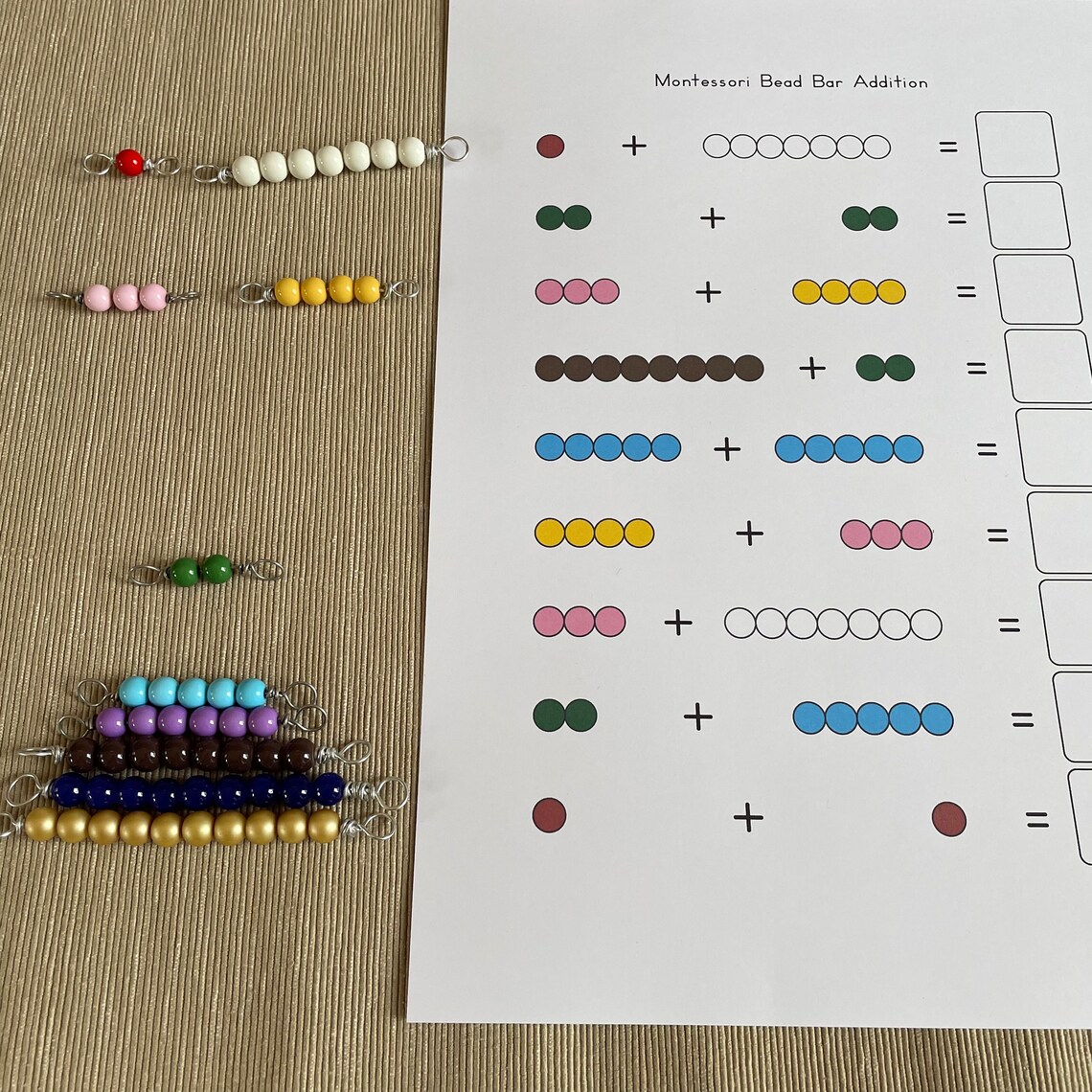 Montessori Bead Bars Addition to 10 Worksheets. Montessori Kindergarten ...