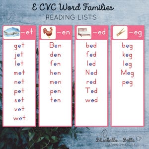 CVC Word Families Reading Lists. Montessori Pink Series Printable. - Etsy