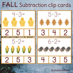 Fall Montessori Printable Subtraction Clip Cards 0-10. Preschool and ...