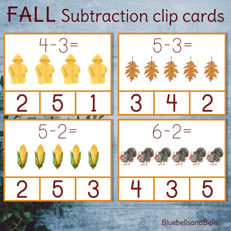 Fall Montessori Printable Subtraction Clip Cards 0-10. - Etsy