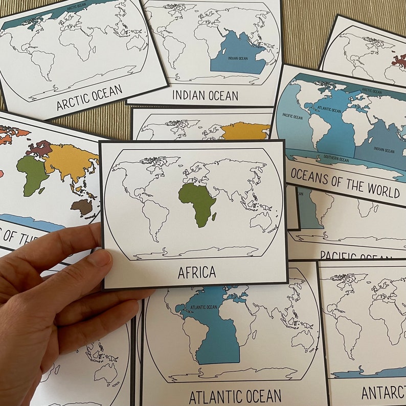 Continents and Oceans Cards and Map. Montessori Printable - Etsy